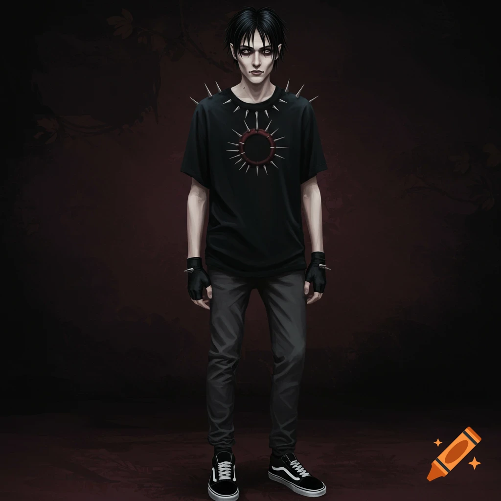 Skinny male character with scene hair, dark circle on chest on Craiyon