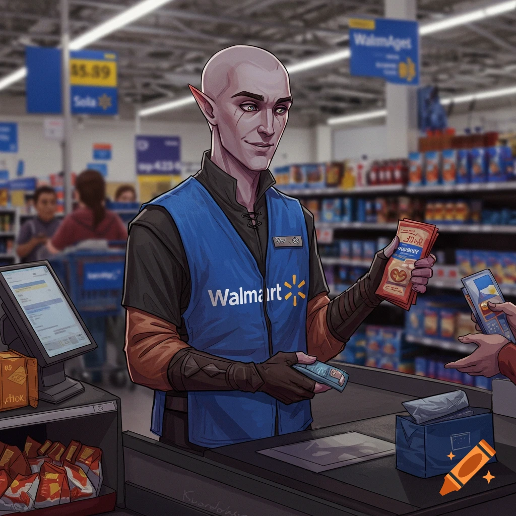 A fantasy character working as a cashier at a store. on Craiyon