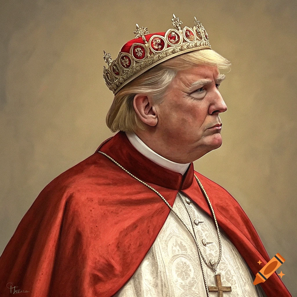Portrait of Donald Trump wearing a white bonnet and red cape from The ...