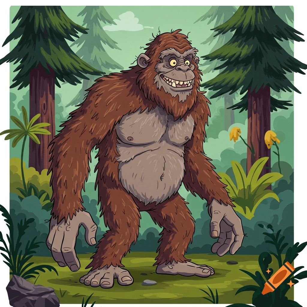 Cartoon illustration of Bigfoot with sunglasses standing in a forest. on Craiyon
