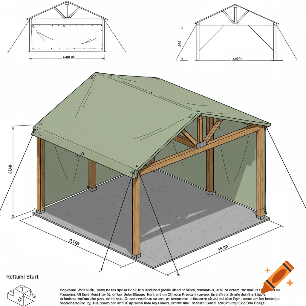 Blueprint of structure with tarp roof and siding on Craiyon