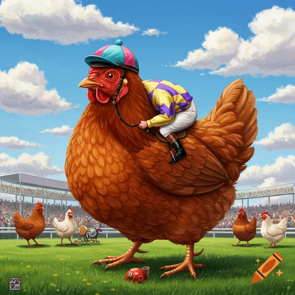 Cartoon jockey rides a giant chicken on a dirt track during a race ...