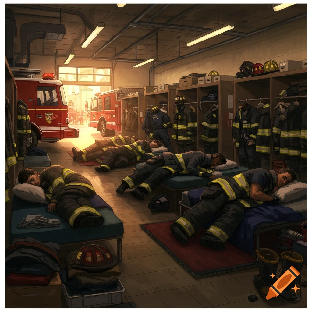 Firefighters sleeping in a fire station with fire trucks on Craiyon