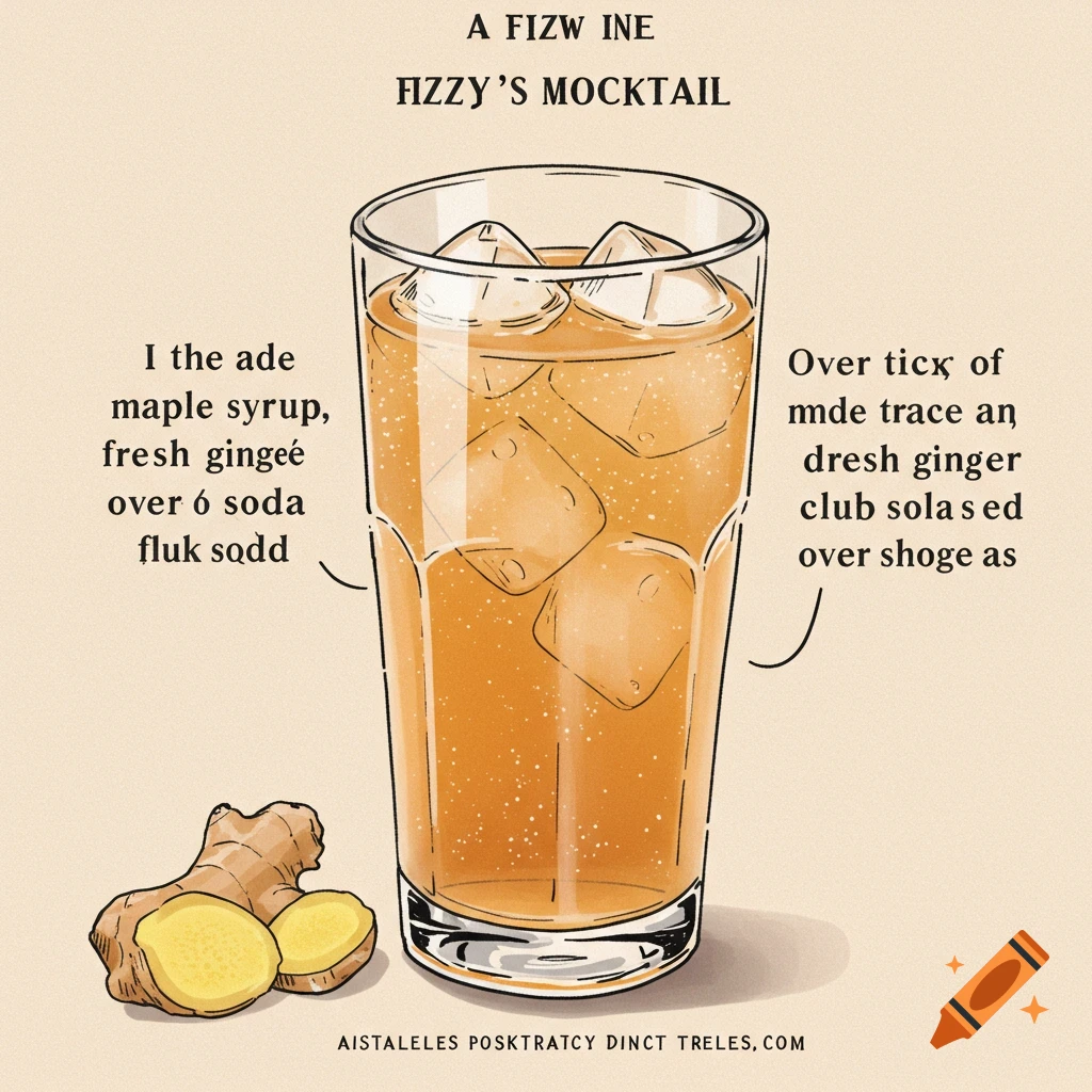 Hand drawn fizzy mocktail with maple syrup, ginger, and club soda on ...