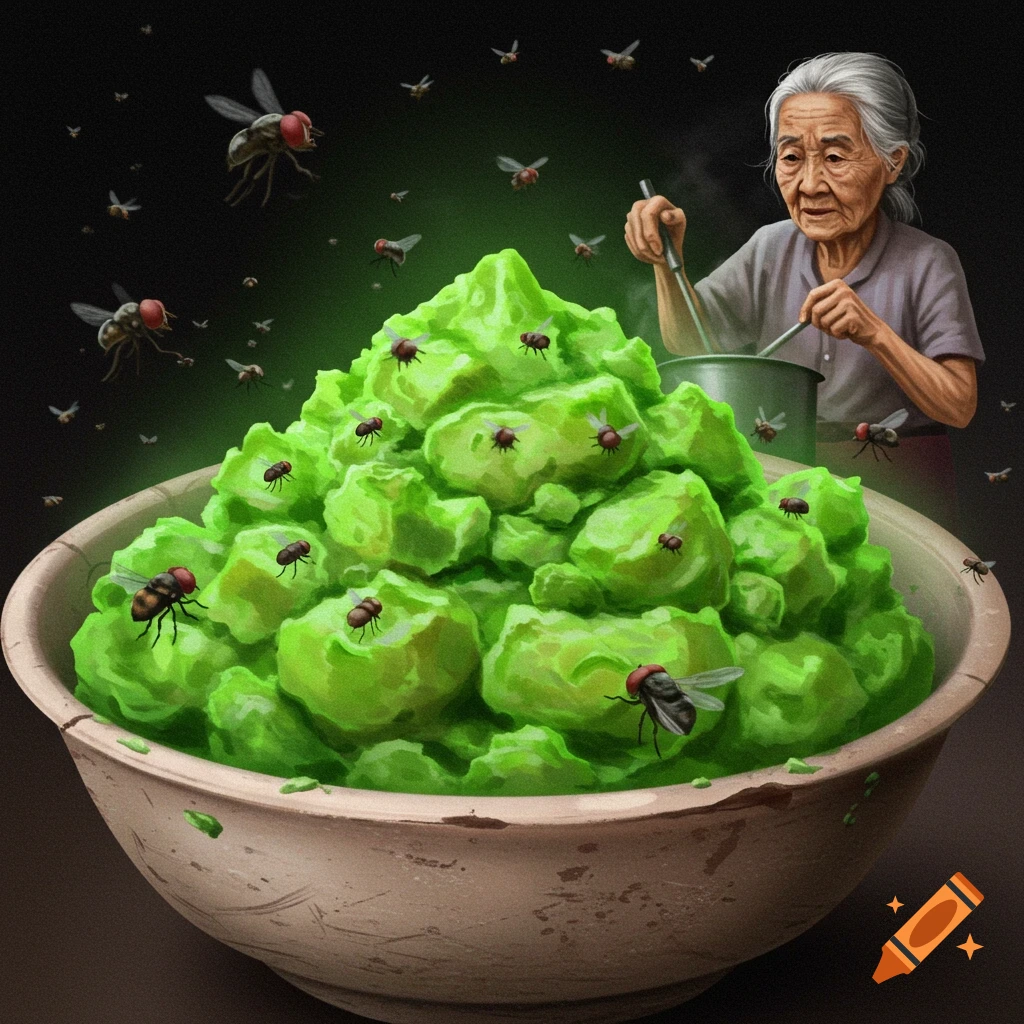 Bowl of green, stinky potato salad with flies and an old Asian woman ...