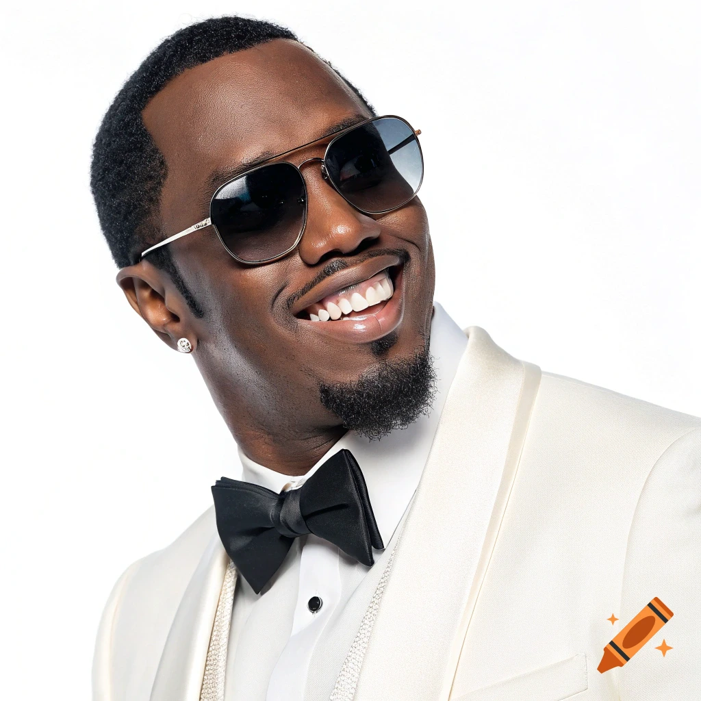 Diddy in Fortnite character style, smiling, sunglasses, white tuxedo ...