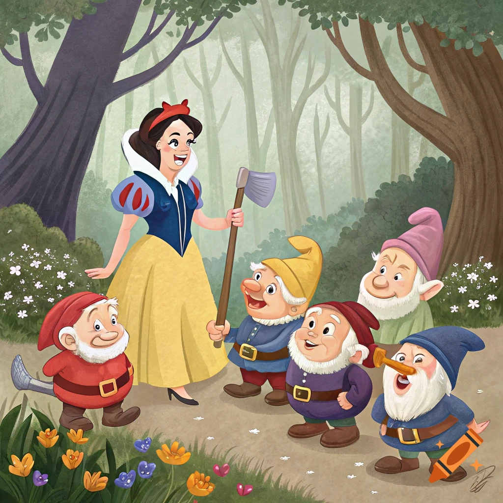 Stylized illustration of Snow White in a forest with snow, wearing a ...