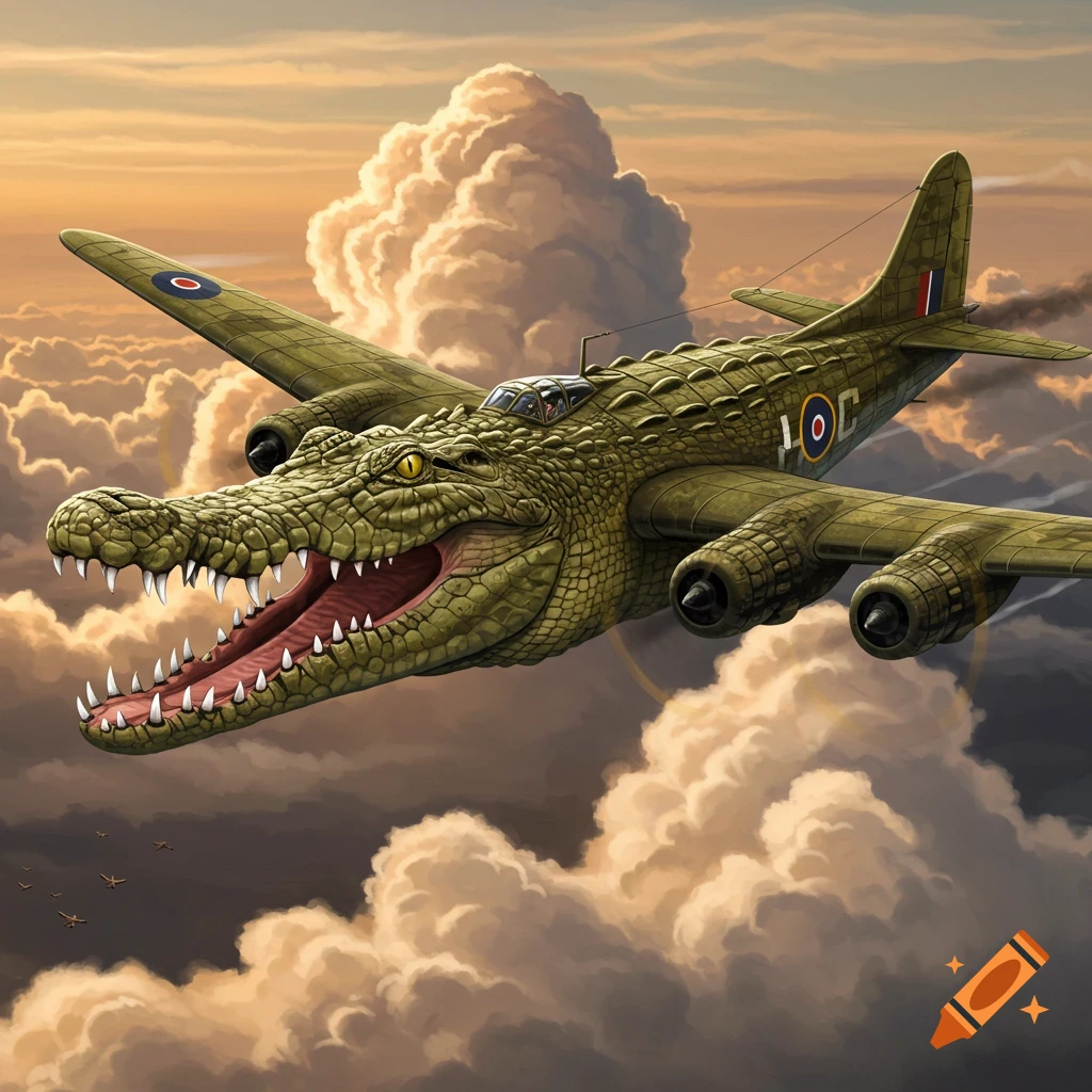 A bomber plane with a crocodile head and scales is flying through the ...
