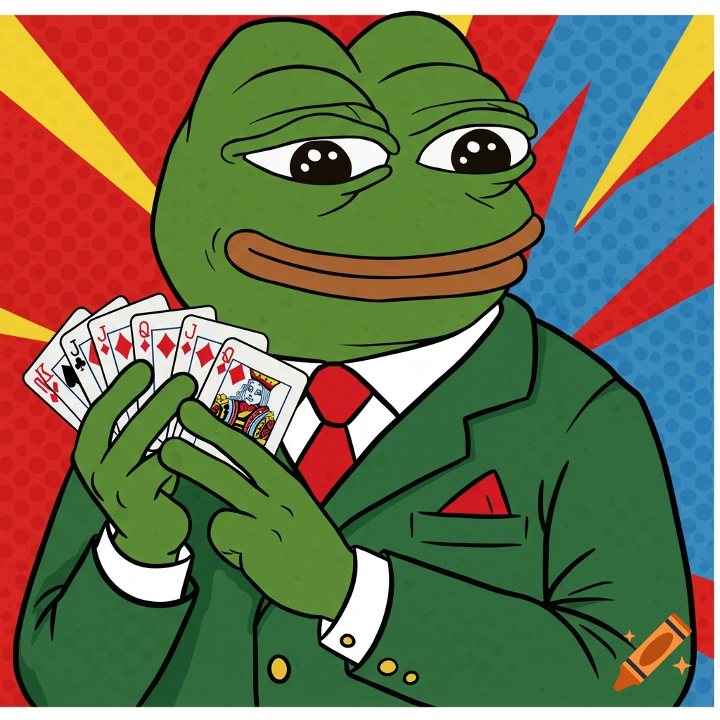Pepe the frog meme holding cards on Craiyon