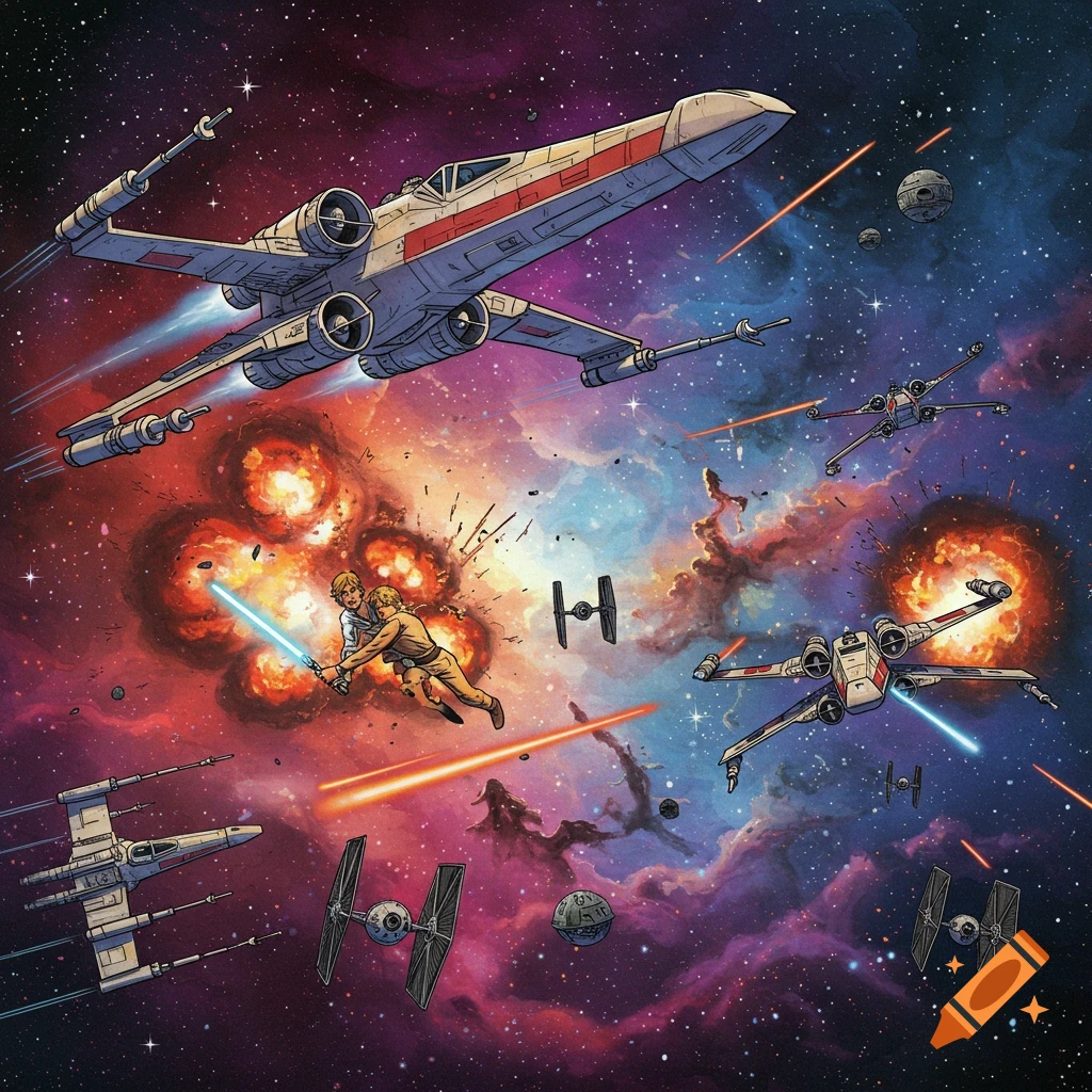 A space battle with spaceships fighting tentacled alien monsters in a ...