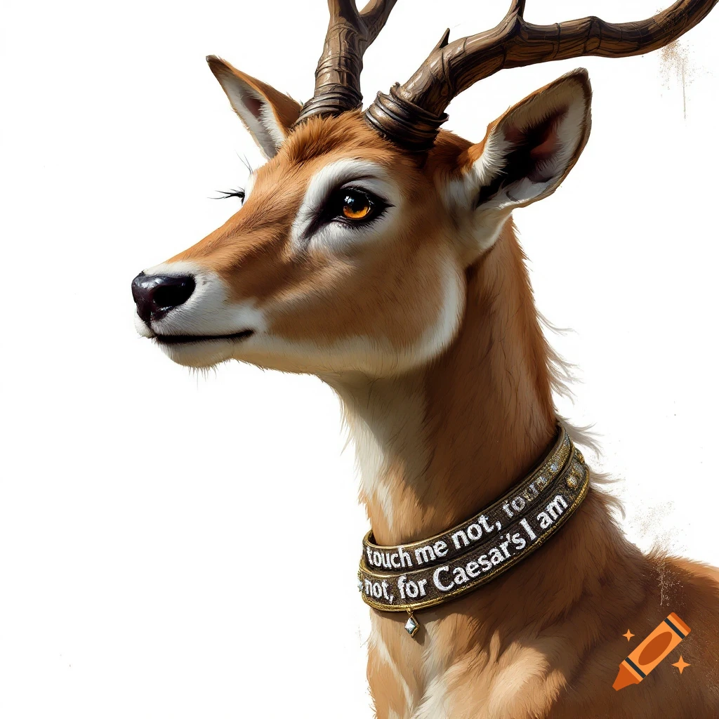 An image of a deer wearing a jeweled collar with text. on Craiyon