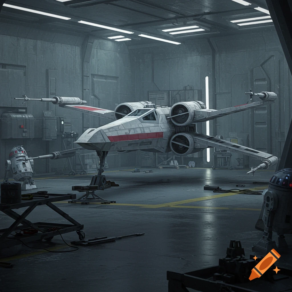 A Star Wars X-wing spaceship sits in a hangar bay. on Craiyon