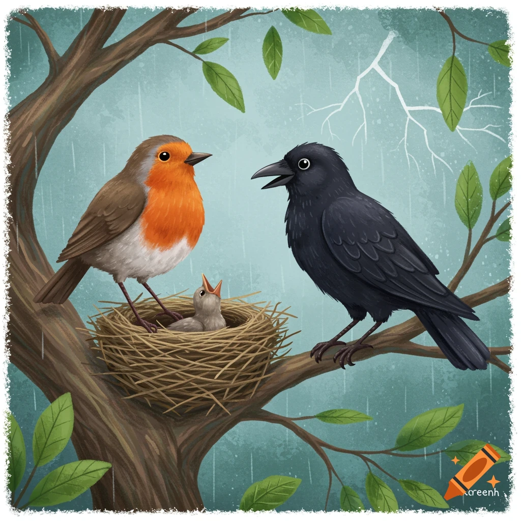 Robin and crow illustration inspired by Aooreinh style on Craiyon