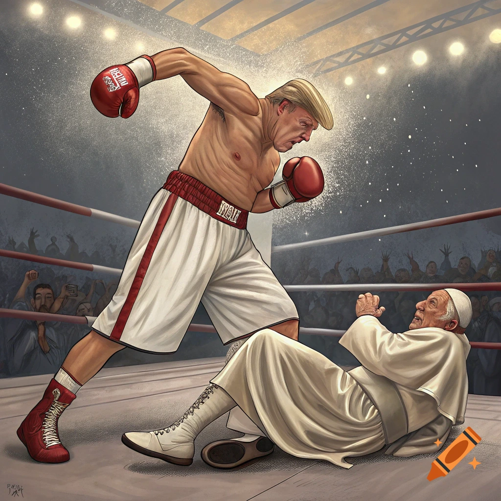 Trump in boxing shorts knocking out a man dressed as the Pope on Craiyon