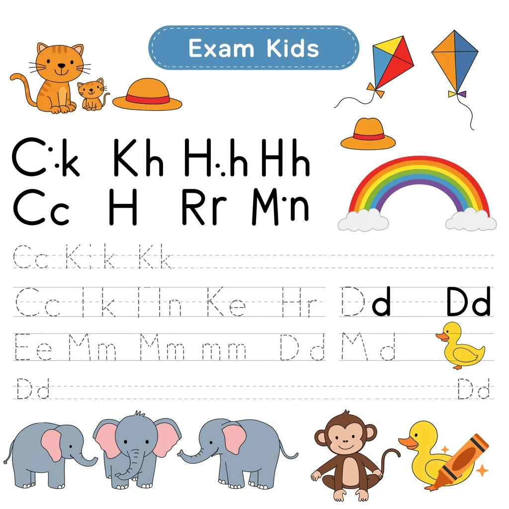 Kids worksheet for learning letters Cc, Kk, Hh, Rr, Ee, Mm, Dd on Craiyon