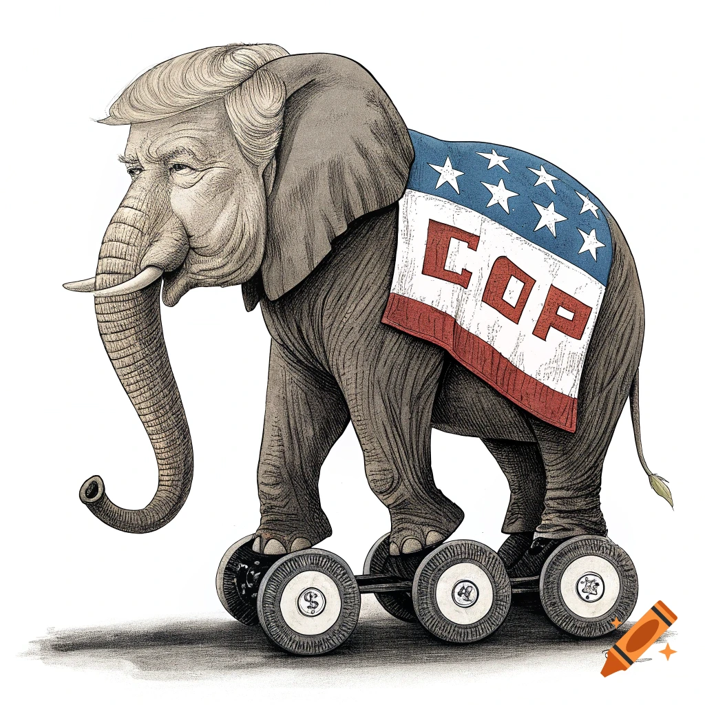 Elephant on wheels with Trump's head and the GOP as the body on Craiyon