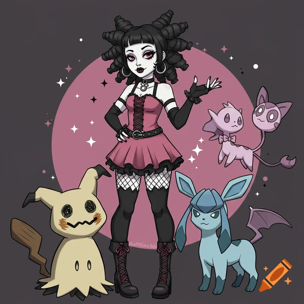 Pokemon trainer with Mimikyu, Glaceon, and Zubat in pink goth outfit on ...