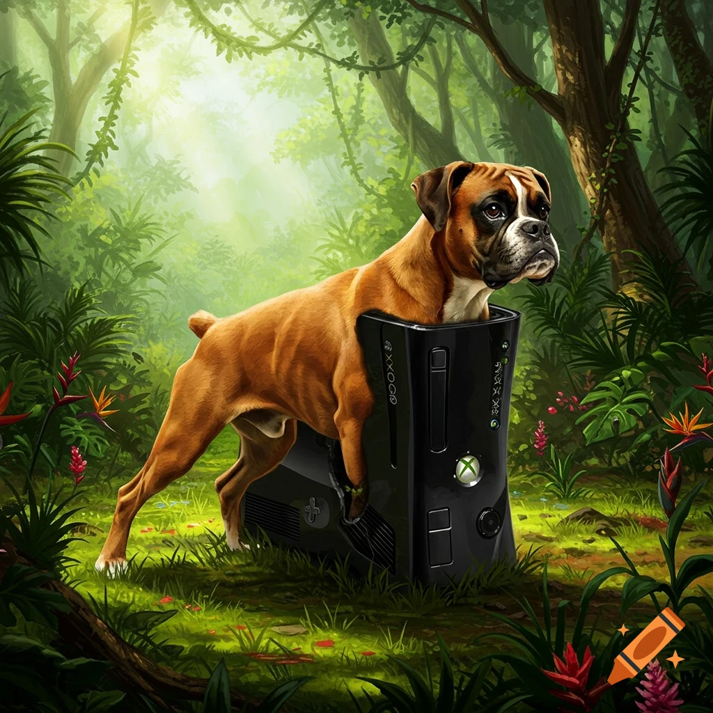 Boxer dog morphed into an Xbox 360 in the jungle on Craiyon