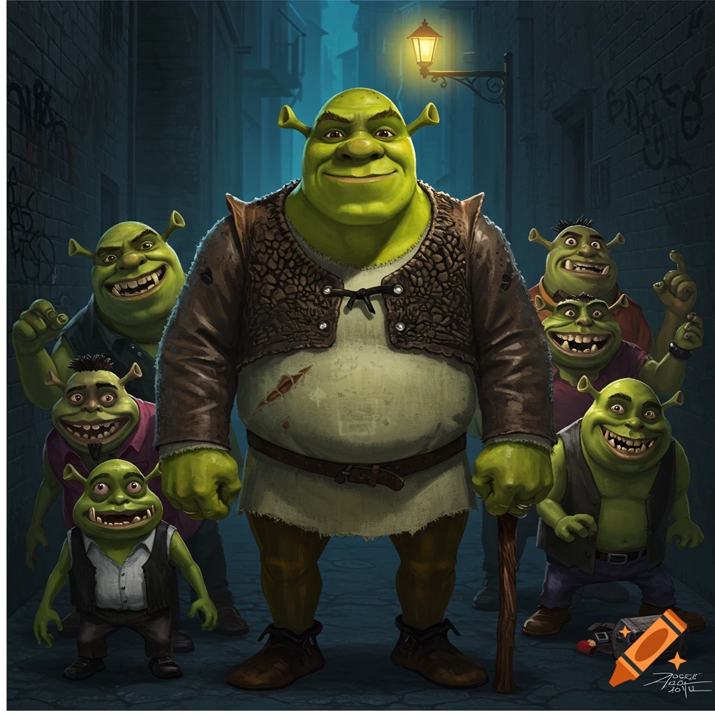 Shrek the ogre kisses Donkey in a fairytale swamp illustration. on Craiyon