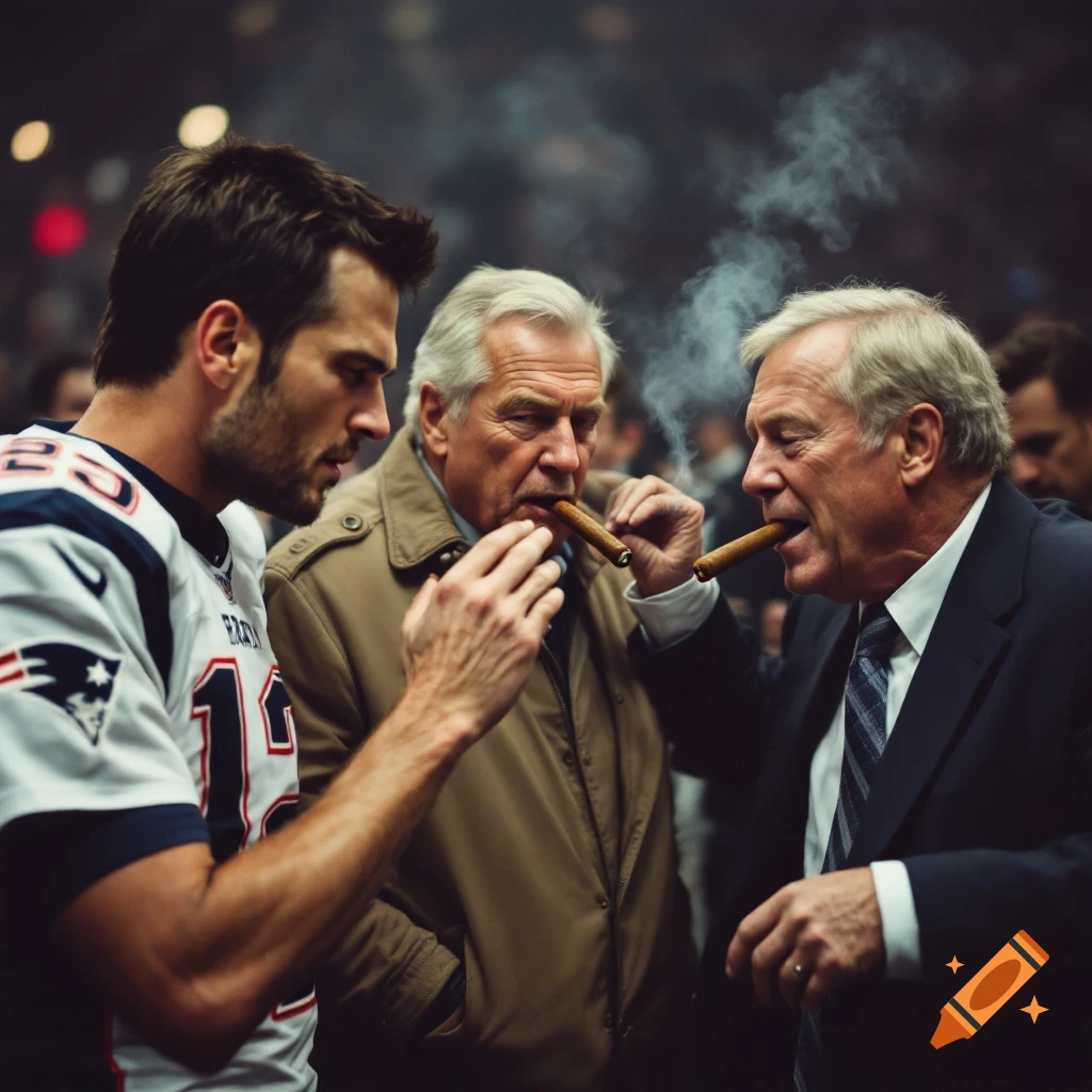 Tom Brady, Bill Belichick, and Robert Kraft smoking cigars on Craiyon