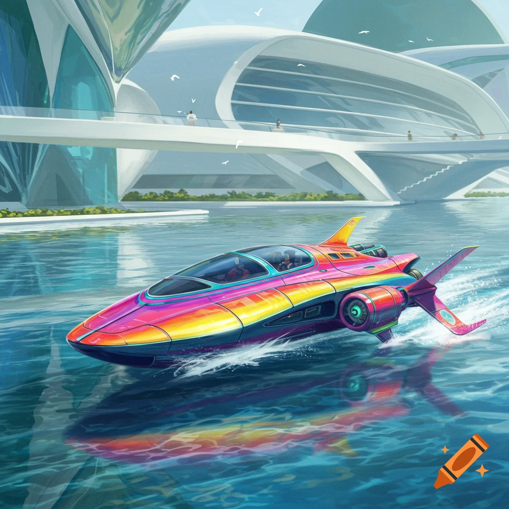 A red speed boat speeds across blue-green water, creating a large wake ...