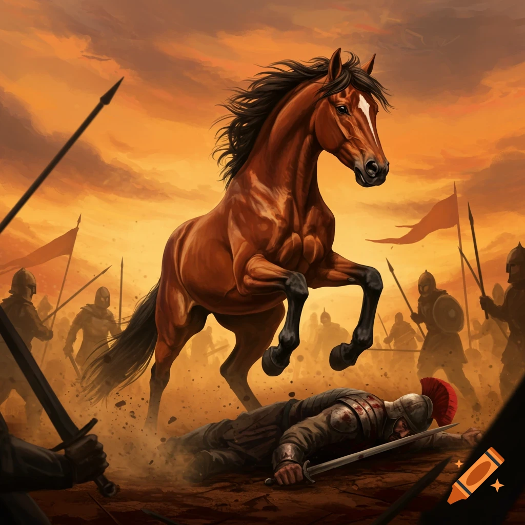 A brown horse rears over a fallen warrior in a battle scene at sunset ...