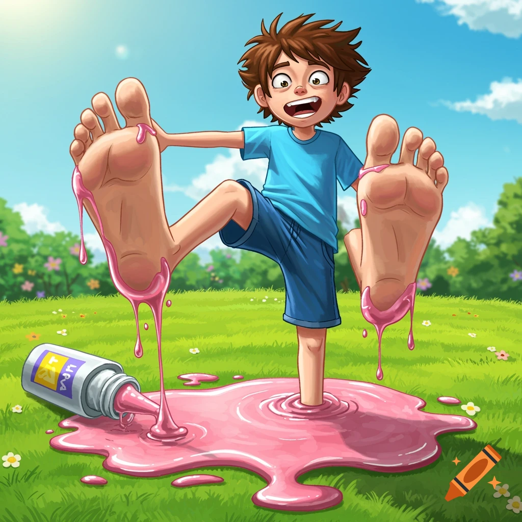 Barefoot teen with feet stuck in glue puddle on Craiyon