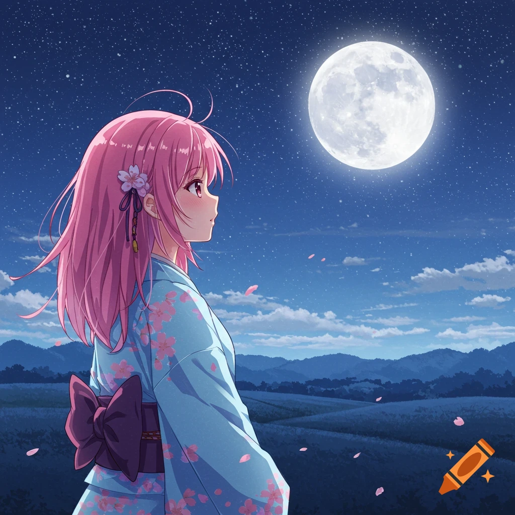 Anime girl staring at the moon on Craiyon