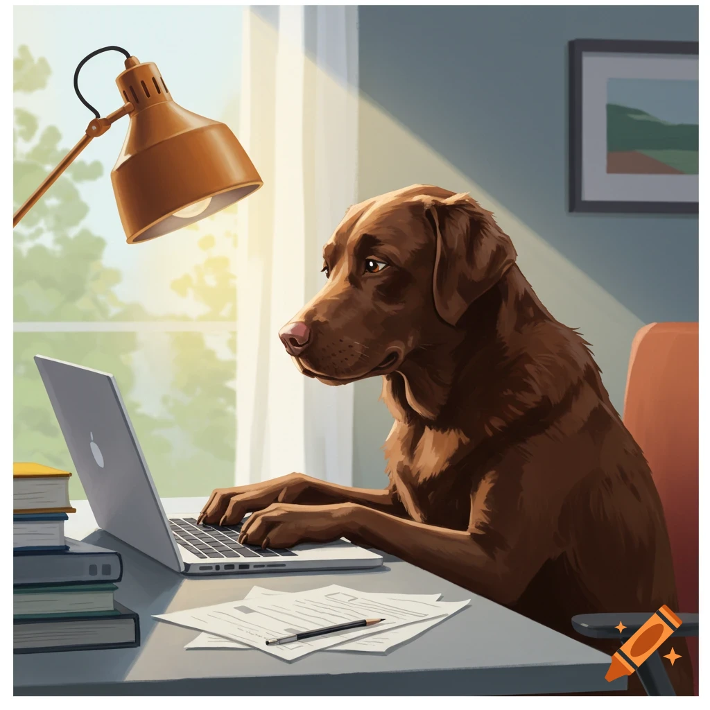 A brown Labrador dog working on a laptop at a desk. on Craiyon