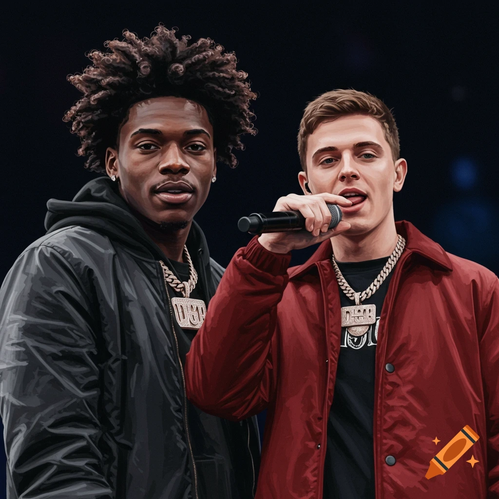 Two rappers performing on stage wearing luxury brands on Craiyon