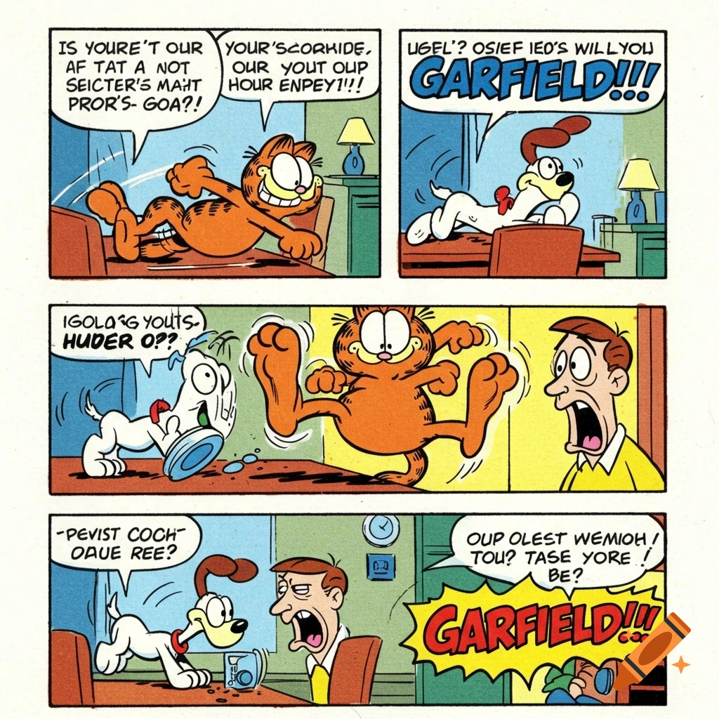 Garfield kicking Odie off the table in a comic strip on Craiyon