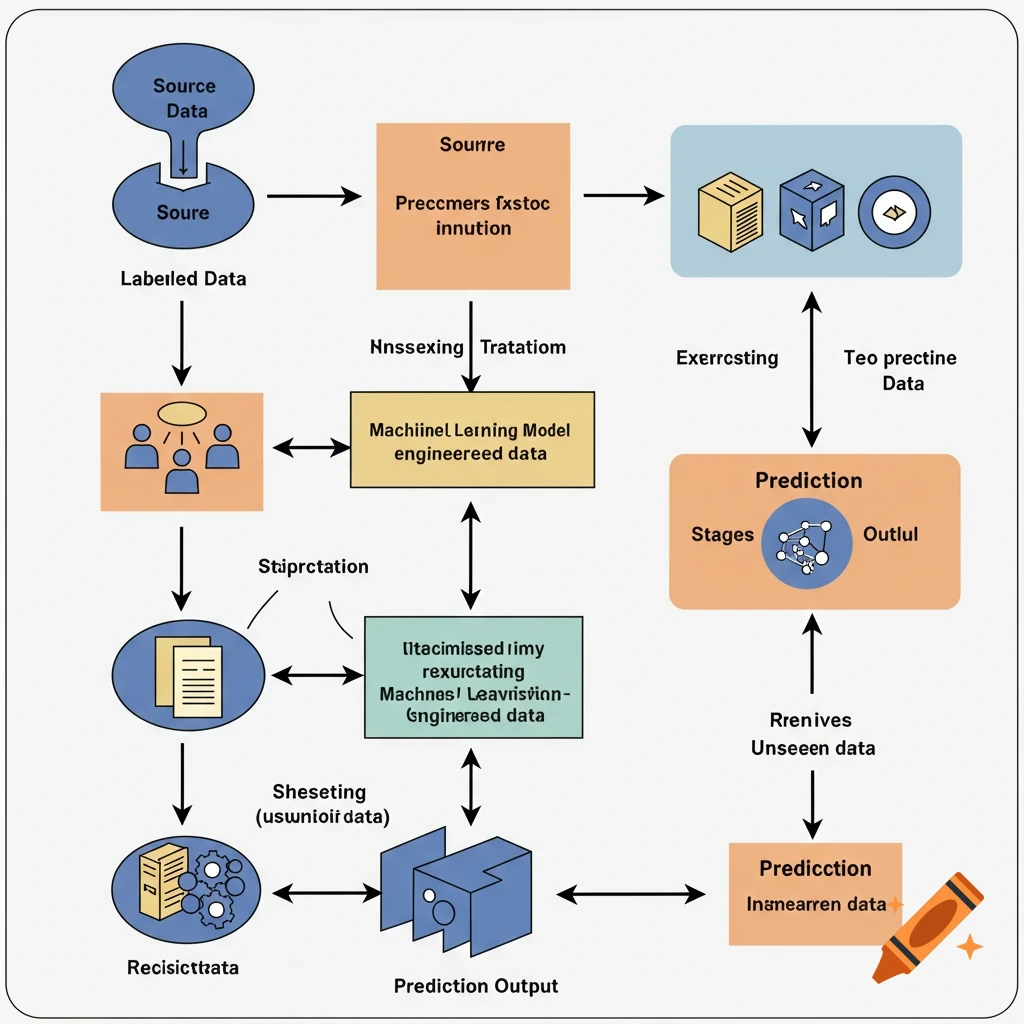 Diagram of data flowing into a machine learning model on Craiyon