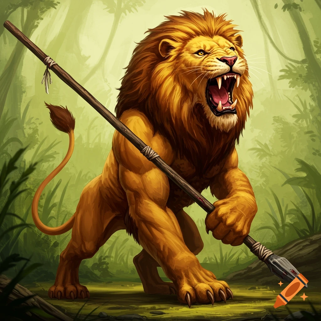 A roaring bipedal lion with a spear in a forest. on Craiyon