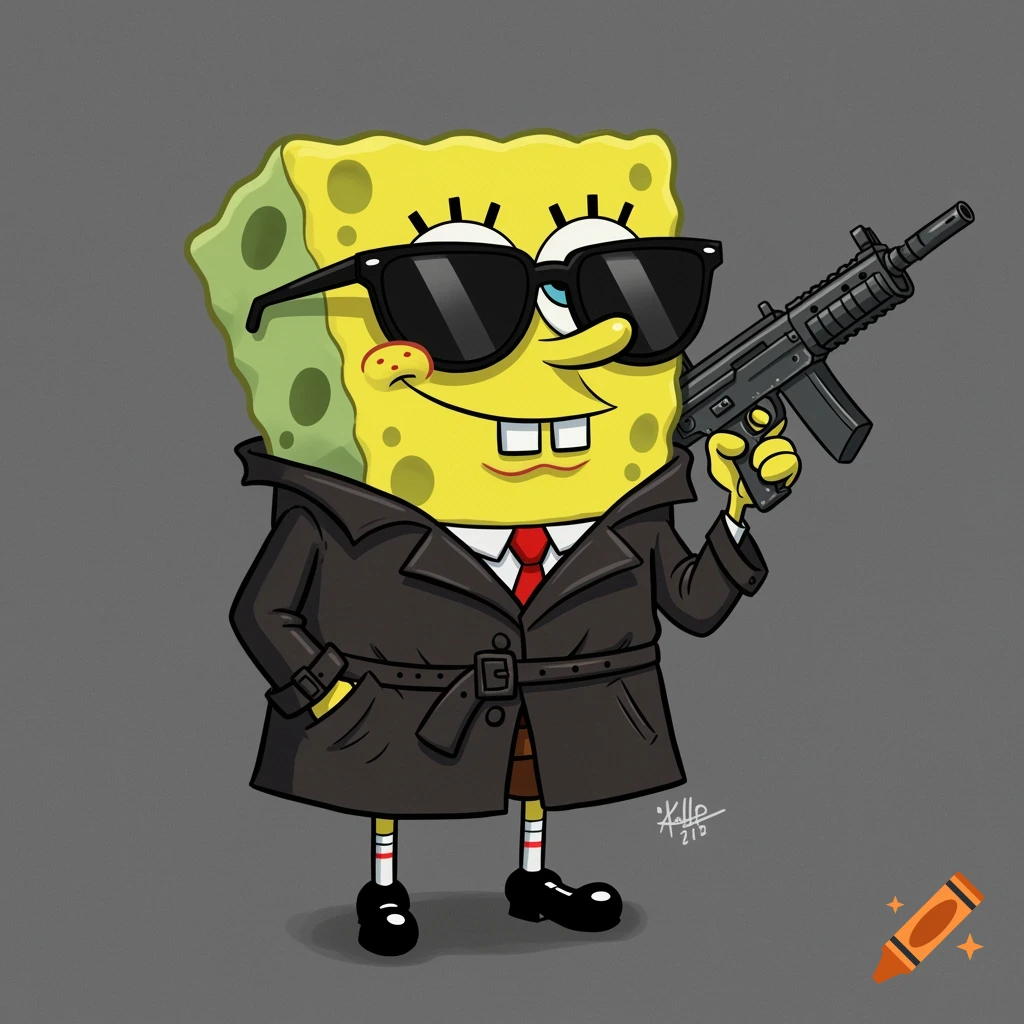 Cartoon SpongeBob SquarePants in a trench coat and sunglasses holding a ...