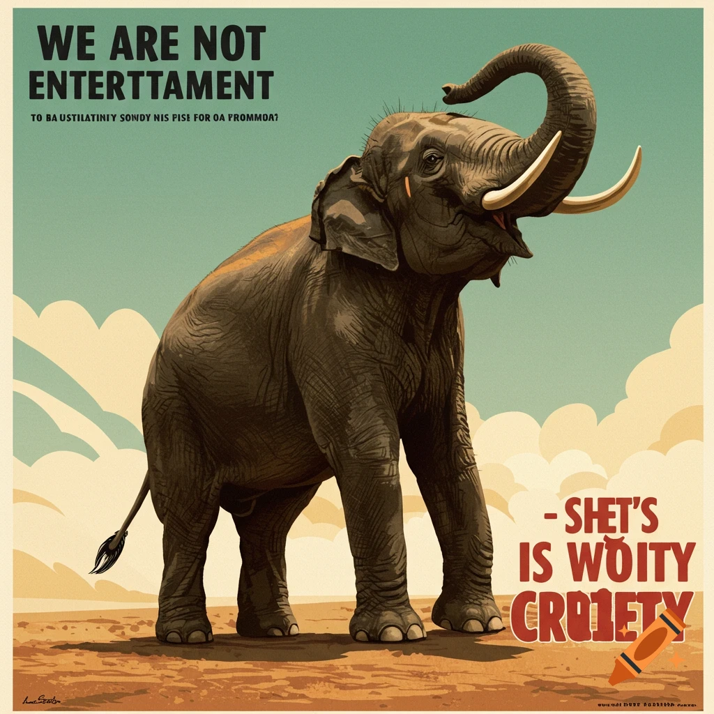 Elephant rearing on hind legs, anti-captivity poster in heroic realism ...