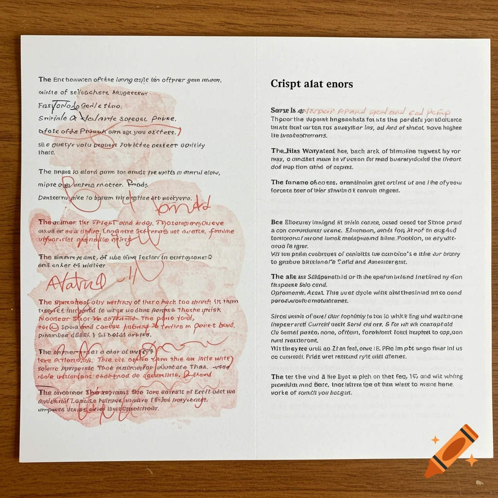 Edited vs. polished essay pages on a desk on Craiyon
