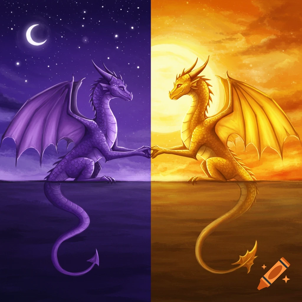Painting of day and night dragons holding hands on Craiyon