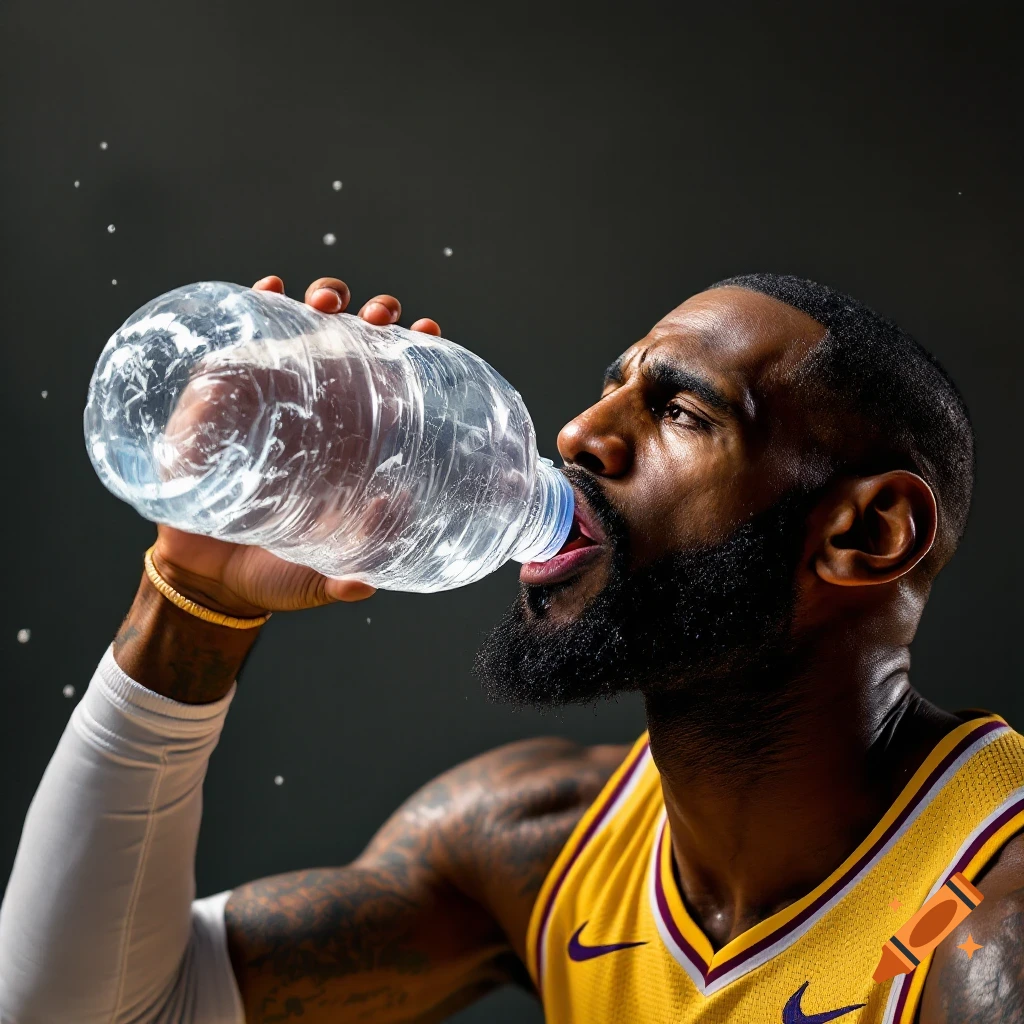 LeBron James drinking from a large plastic water bottle on Craiyon