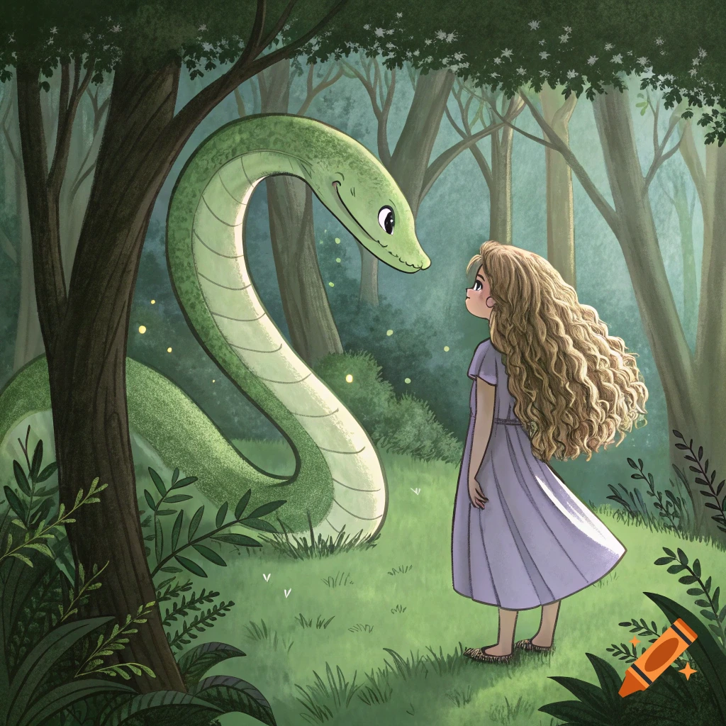 A girl with long curly hair in a peach-colored dress runs from a giant ...