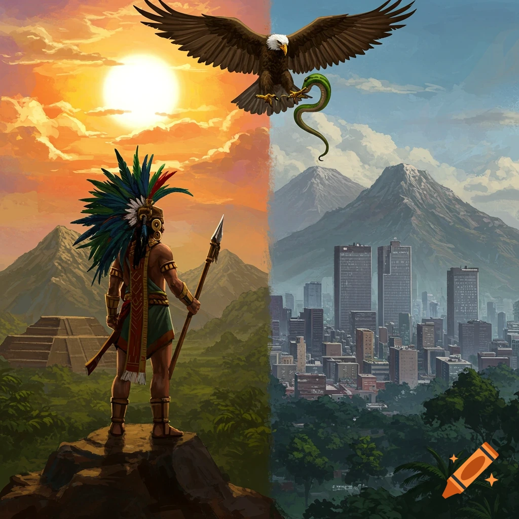 Aztec warrior on pyramid overlooking Mexico City with eagle and snake on Craiyon