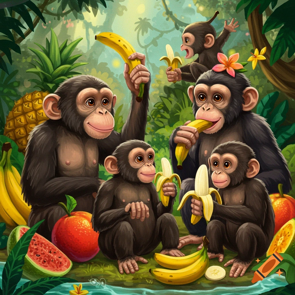 Several cartoon monkeys eating bananas and other fruit in a lush jungle setting. on Craiyon