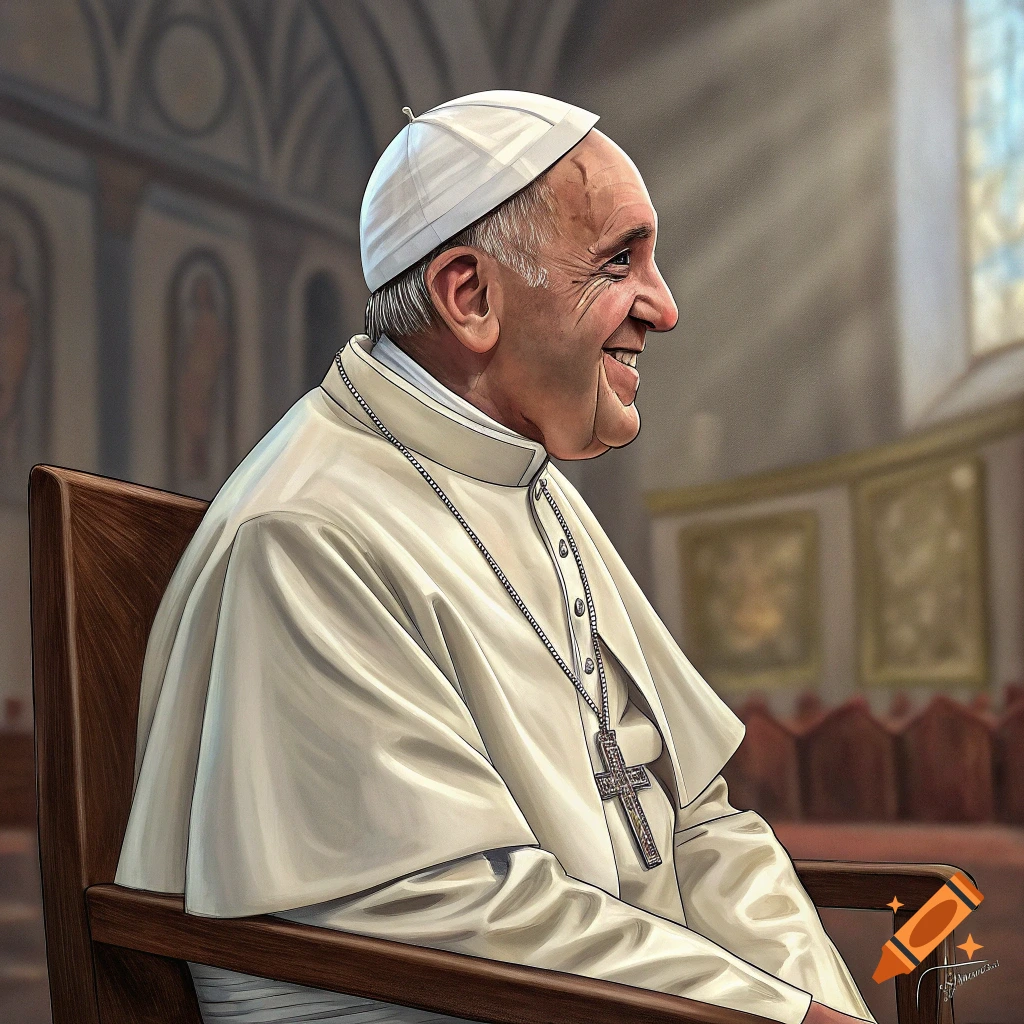 Illustration of a smiling Pope sitting in a chair and raising a glass ...