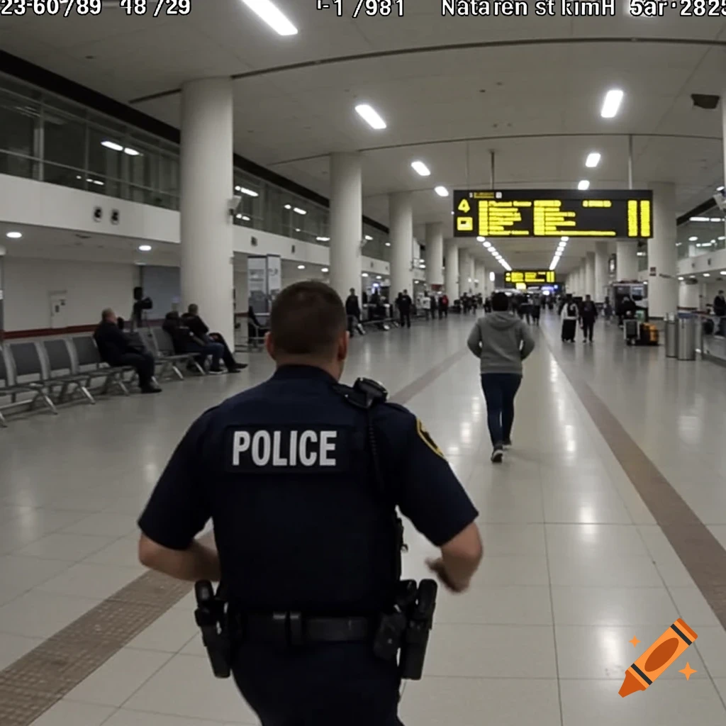Body cam footage of police officer running at airport on Craiyon