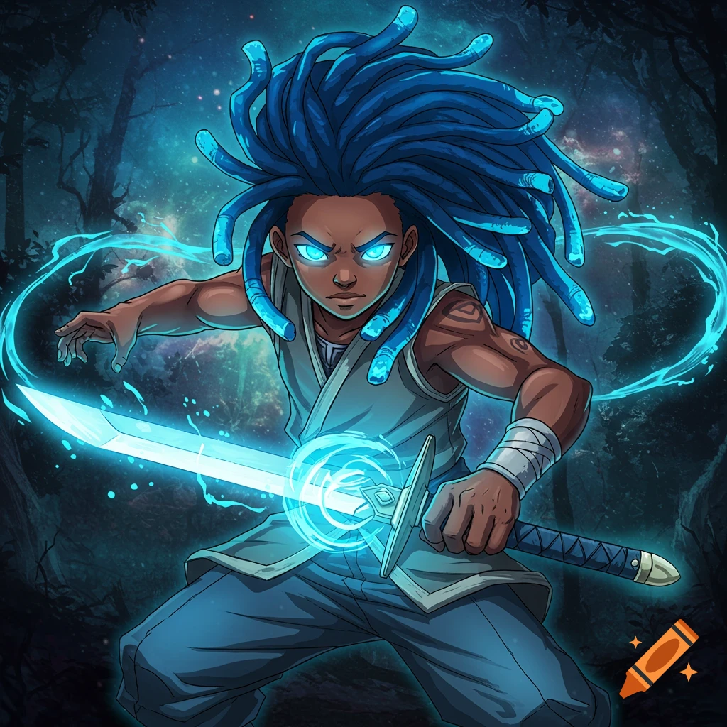 Black teen anime ninja with glowing blue eyes and sword on Craiyon