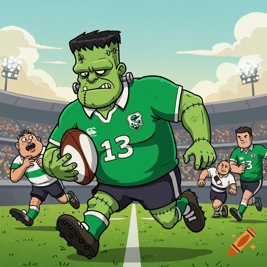 Cartoon Frankenstein monster running with a rugby ball in a stadium ...