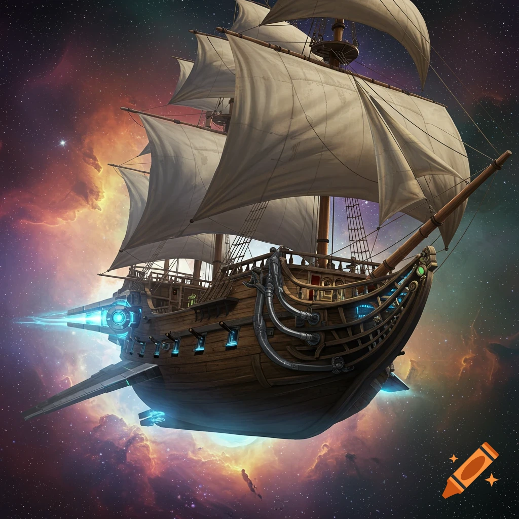 A steampunk sailing ship floats through a purple galaxy filled with ...