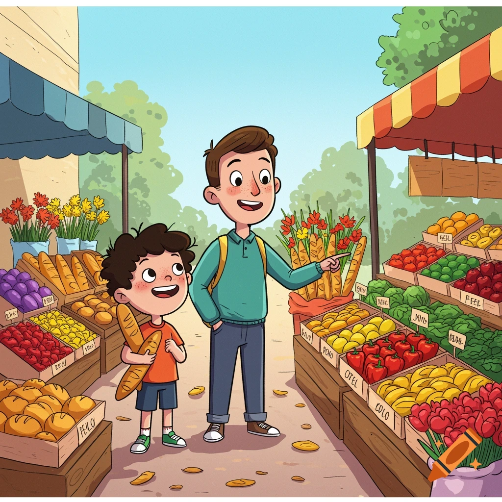 Cartoon of father and son shopping at a market. on Craiyon