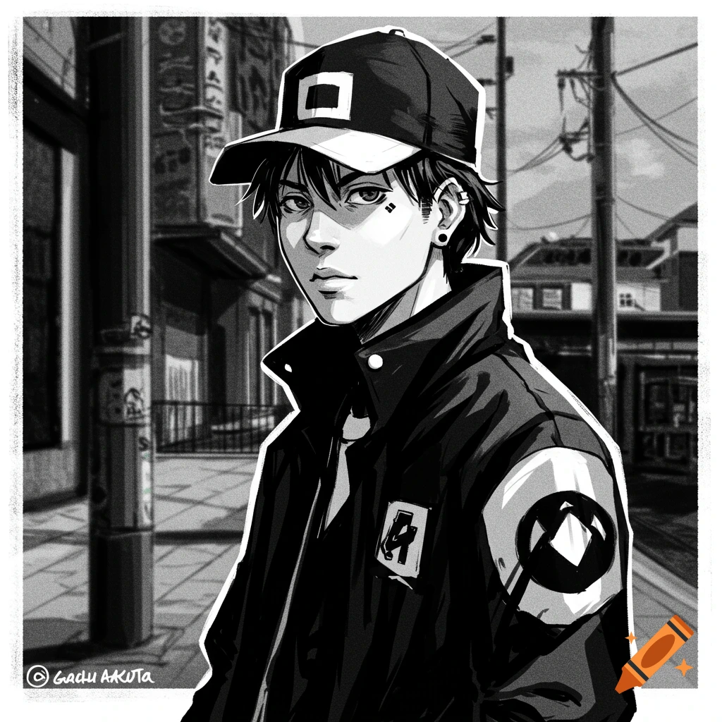 Young man in Gachi Akuta style, black and white on Craiyon