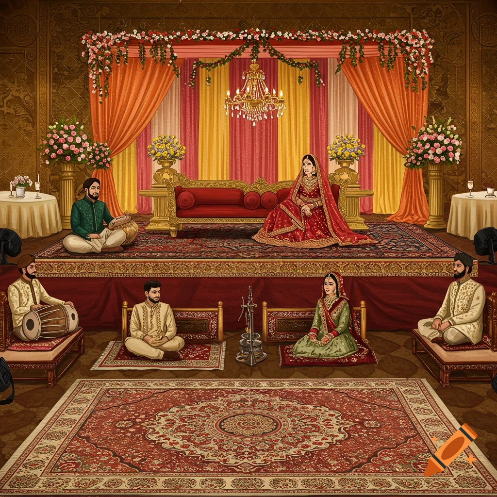 A vibrant Indian wedding ceremony with a bride and groom seated on a ...