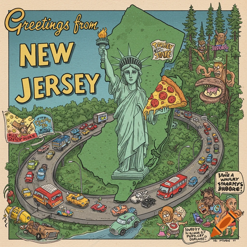 Humorous caricature of New Jersey landmarks and stereotypes on Craiyon